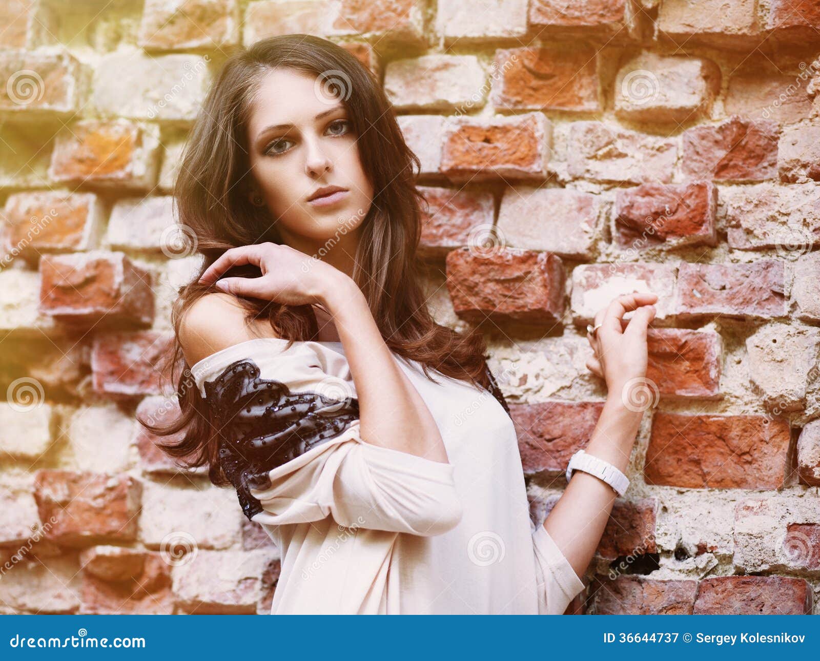Beautiful Model Standing Near Old Brick Wall Stock Image - Image of ...