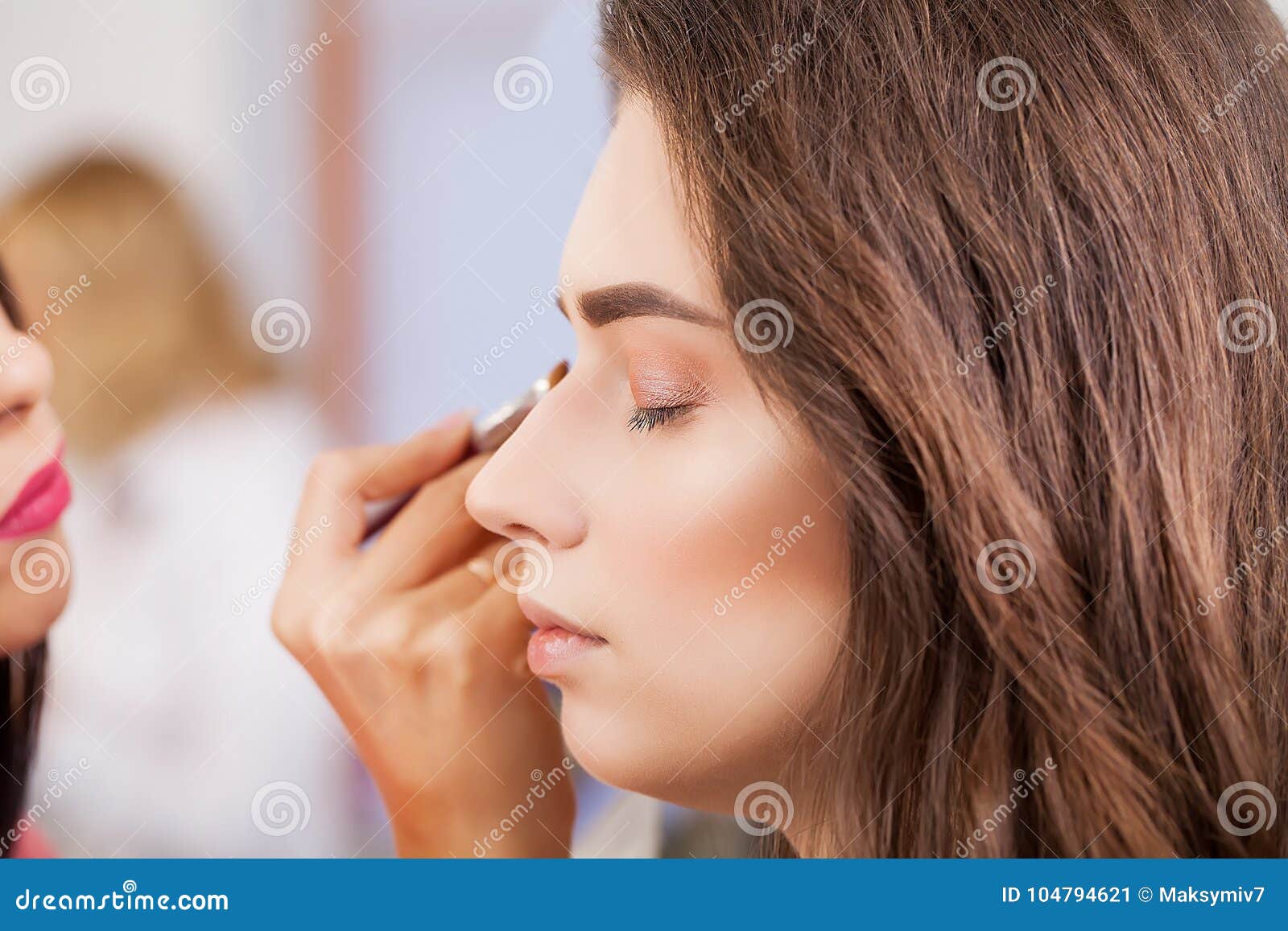 Makeup Artist Applies Eye Shadow Beautiful Woman Face Perfect Makeup