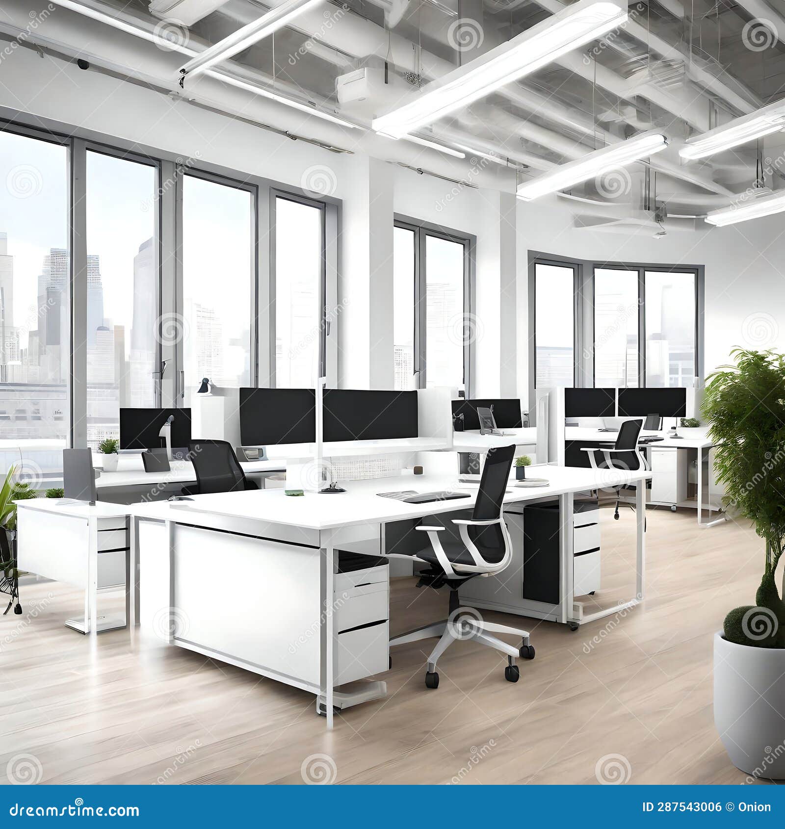 Clean Office Interior With Wooden And Concrete Walls And Flooring ...