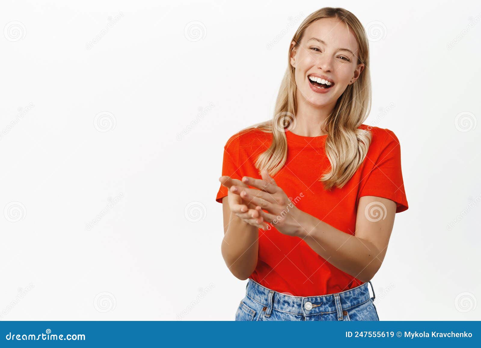 Beautiful Modern Girl 25 Years Old Clapping Hands And Smiling Pleased