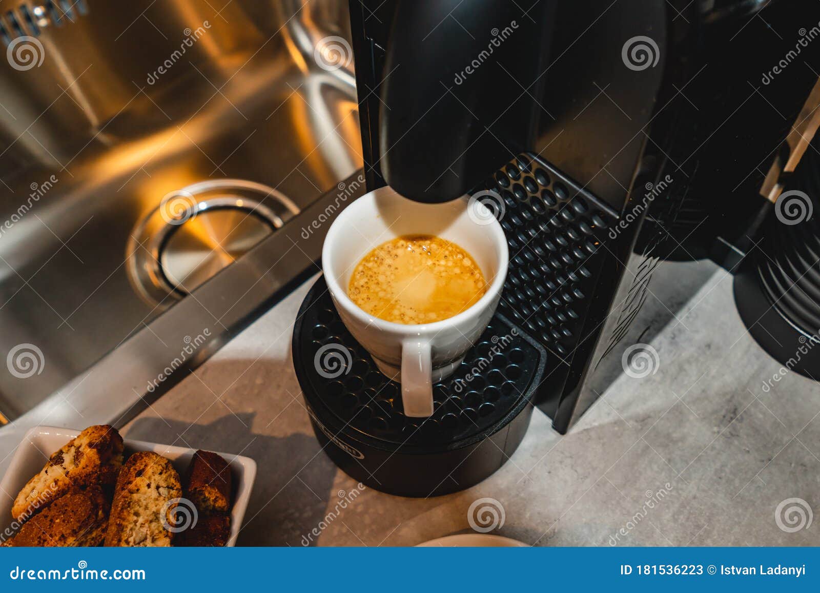 Espresso machine and cakes stock image. Image of lifestyle - 181536223