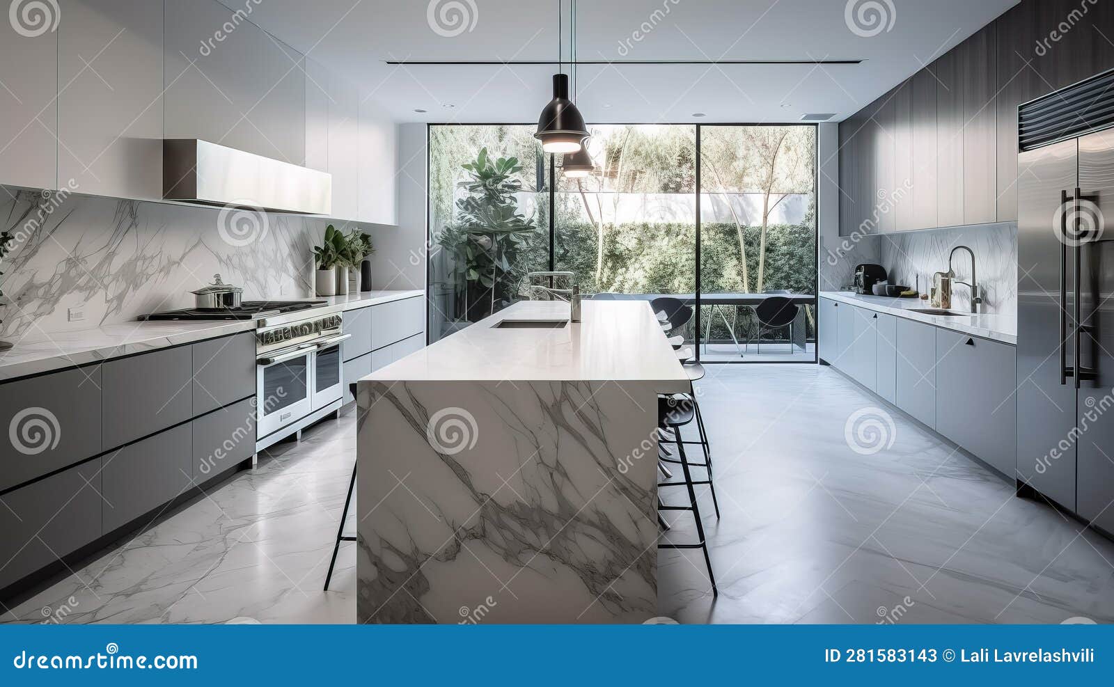 Beautiful Modern Kitchen with White Marble Countertops, Generative AI ...