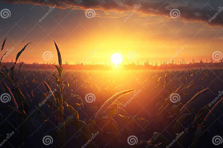 Beautiful Morning Sunrise Over the Corn Field Stock Illustration ...