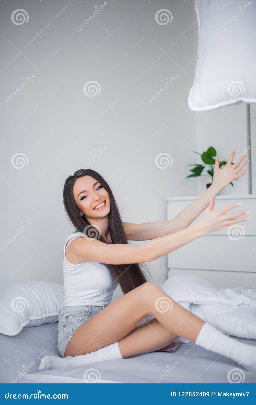 Beautiful Morning. Young Beautiful Smiling Woman Waking Up, at W Stock ... Beautiful Morning. Young Beautiful Smiling Woman Waking Up, at W Stock ...
