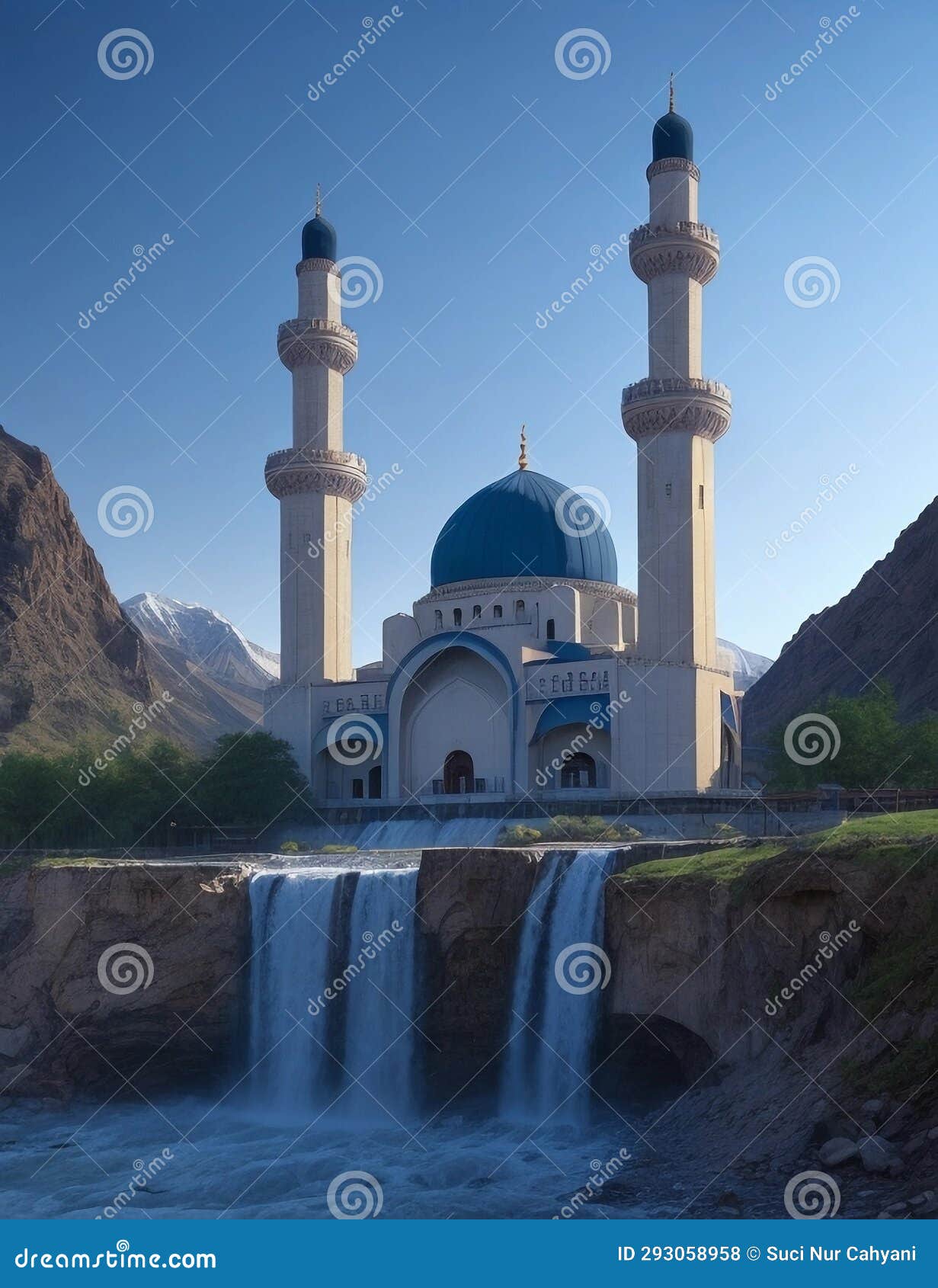 The Beautiful Mosque at the Mountains with Waterfall Stock Illustration ...