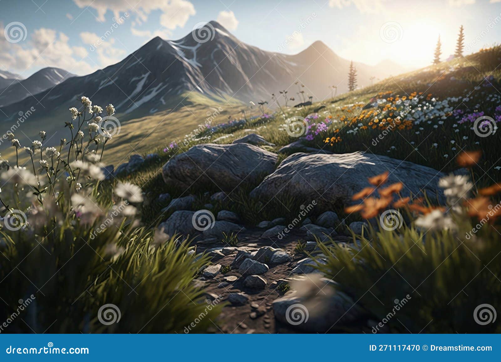 Beautiful Mountain Landscape with Wildflowers Stock Illustration ...