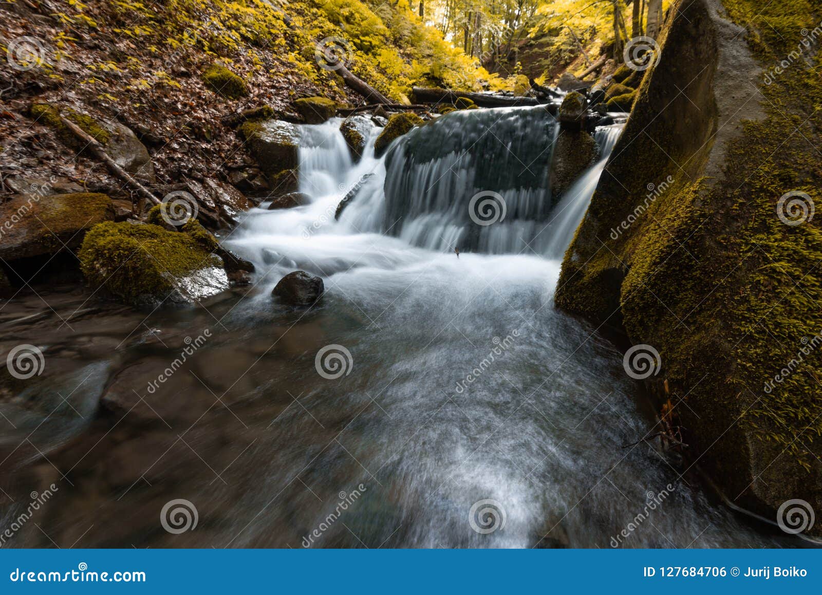 Beautiful Mountain Waterfall with Fast Flowing Water and Rocks, Long ...