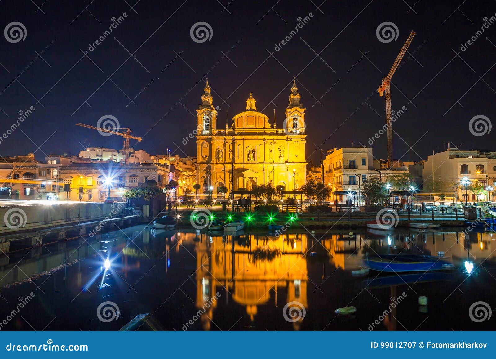 The Beautiful Msida Parish Church at Deep Night with Harbor at the ...