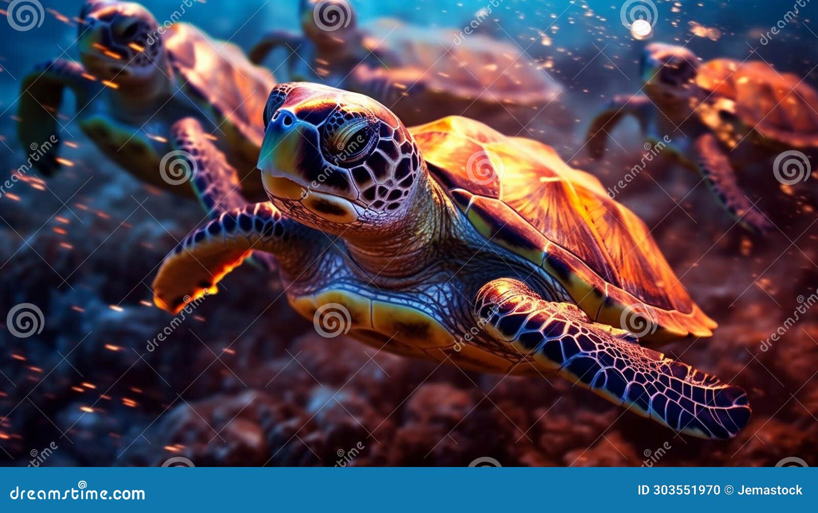 A Beautiful Multi Colored Sea Turtle Swimming In The Underwater Reef