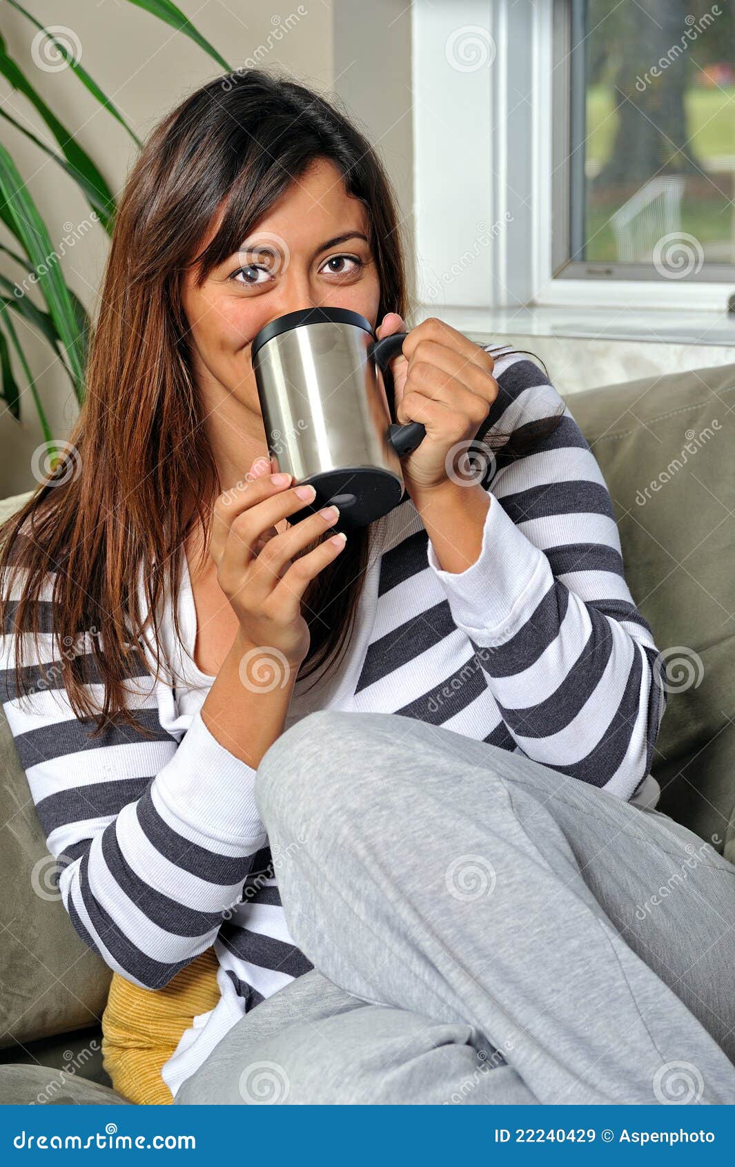 Beautiful Multiracial Model Drinking Stock Image - Image of couch ...