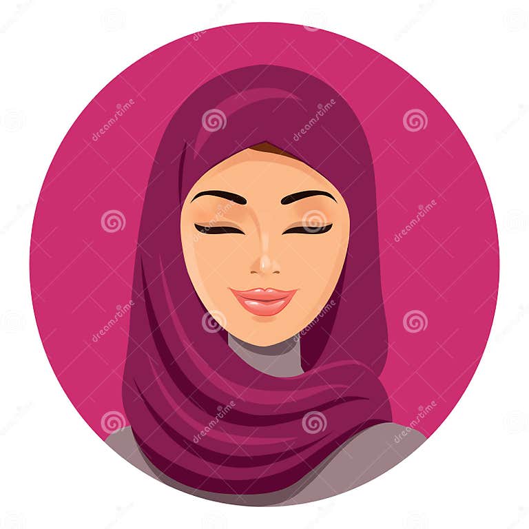Beautiful Muslim Arab Woman In Hijab Closing Her Eyes Vector Flat Icon