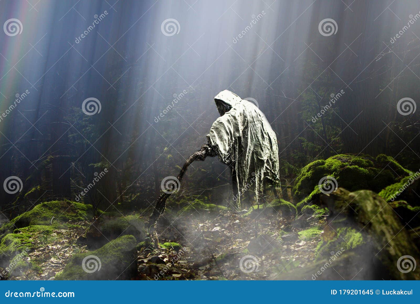 Ghost or Phantom in Mysterious and Magic Forest. Rays of Light Shine ...