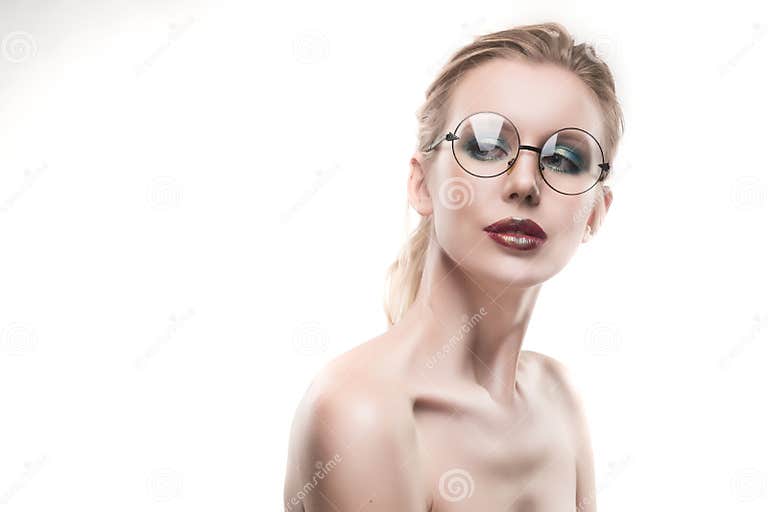 Beautiful Naked Shoulders Young Girl Wearing Round Glasses Portrait Isolated On White Stock