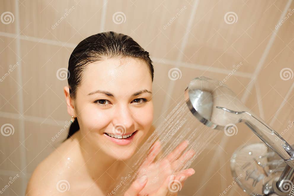 Beautiful Naked Young Woman Smiling While Taking Shower In Bathroom Stock Image Image Of