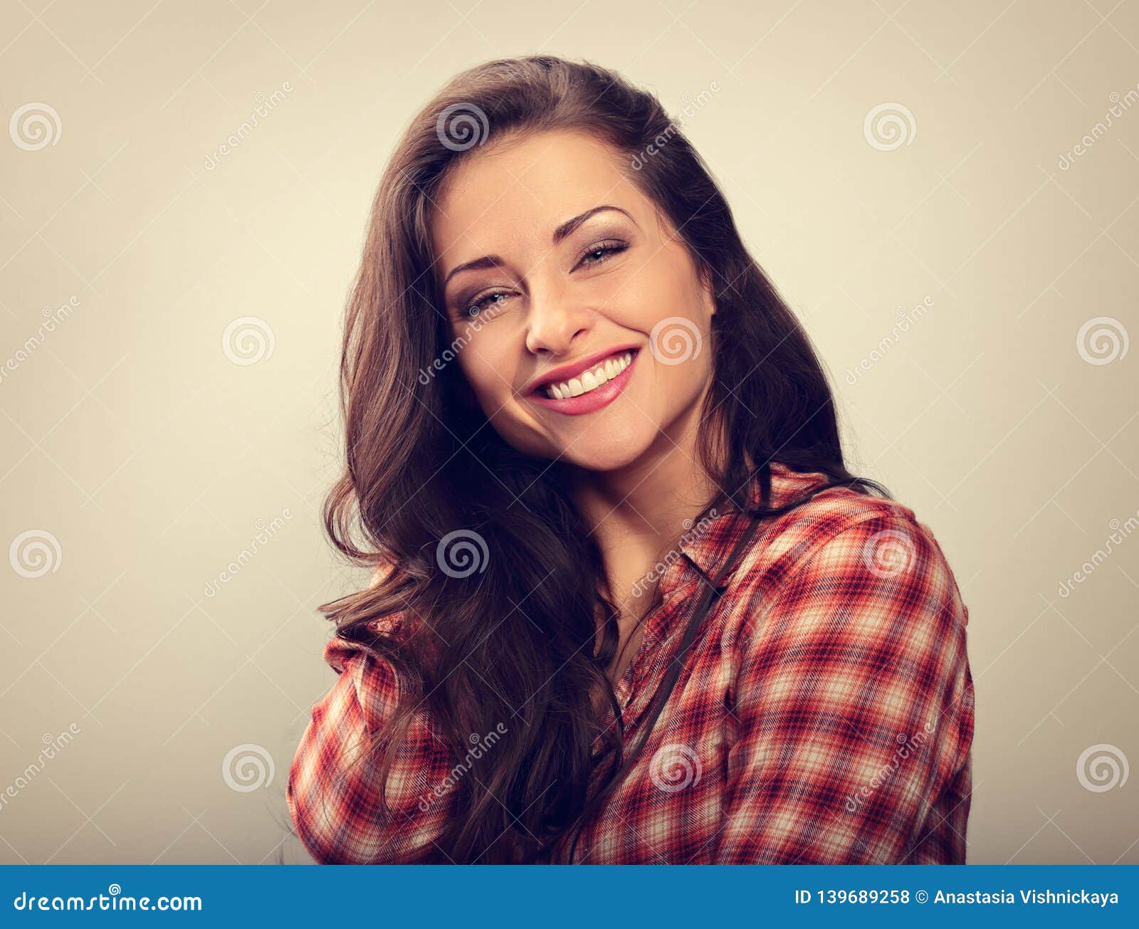 Beautiful Natural Makeup Toothy Smiling Woman with Long Hair Style ... Beautiful Natural Makeup Toothy Smiling Woman with Long Hair Style ...