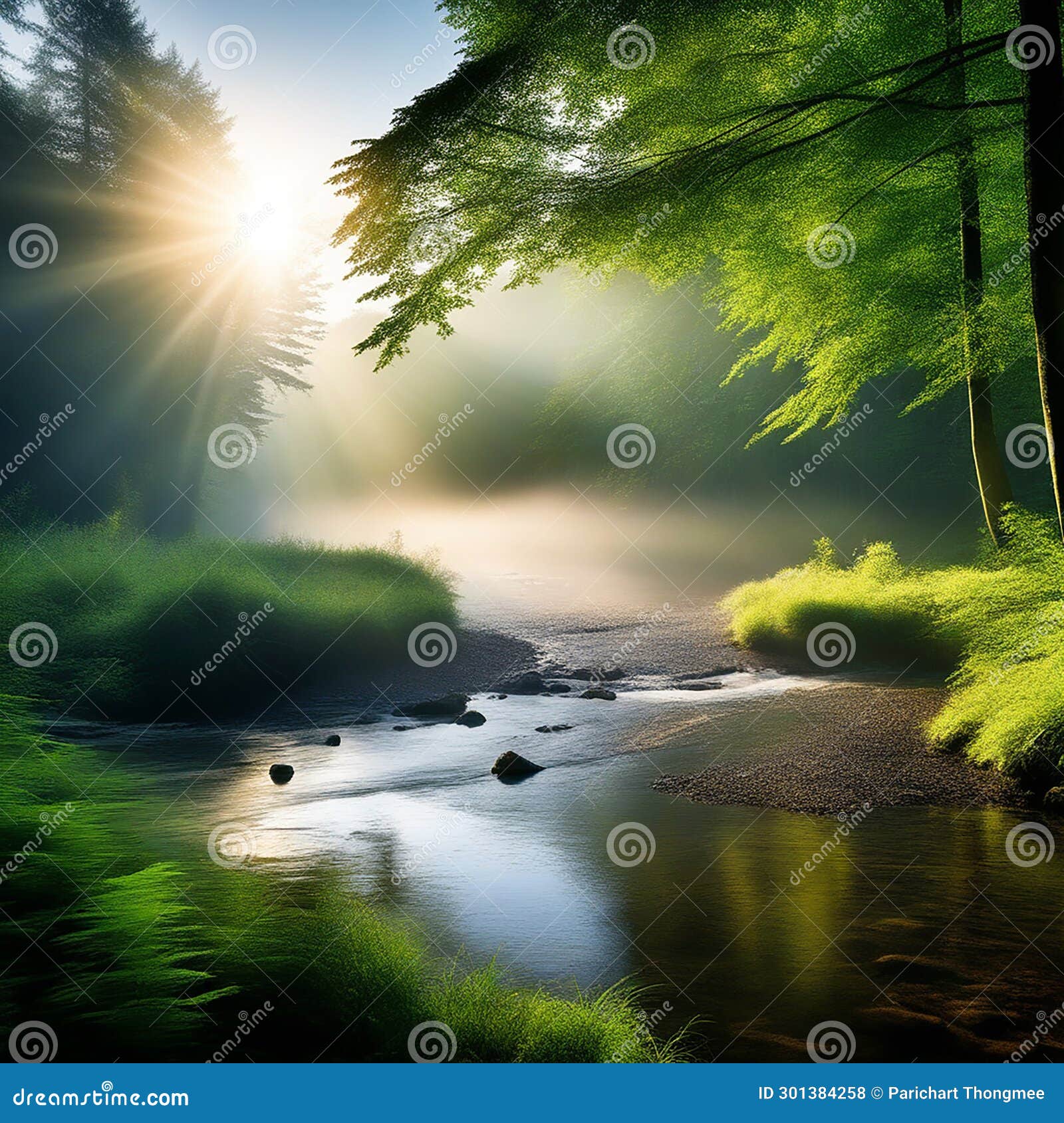 Beautiful Nature in the Misty Spring Green Forest with Sun Rays Stock ...