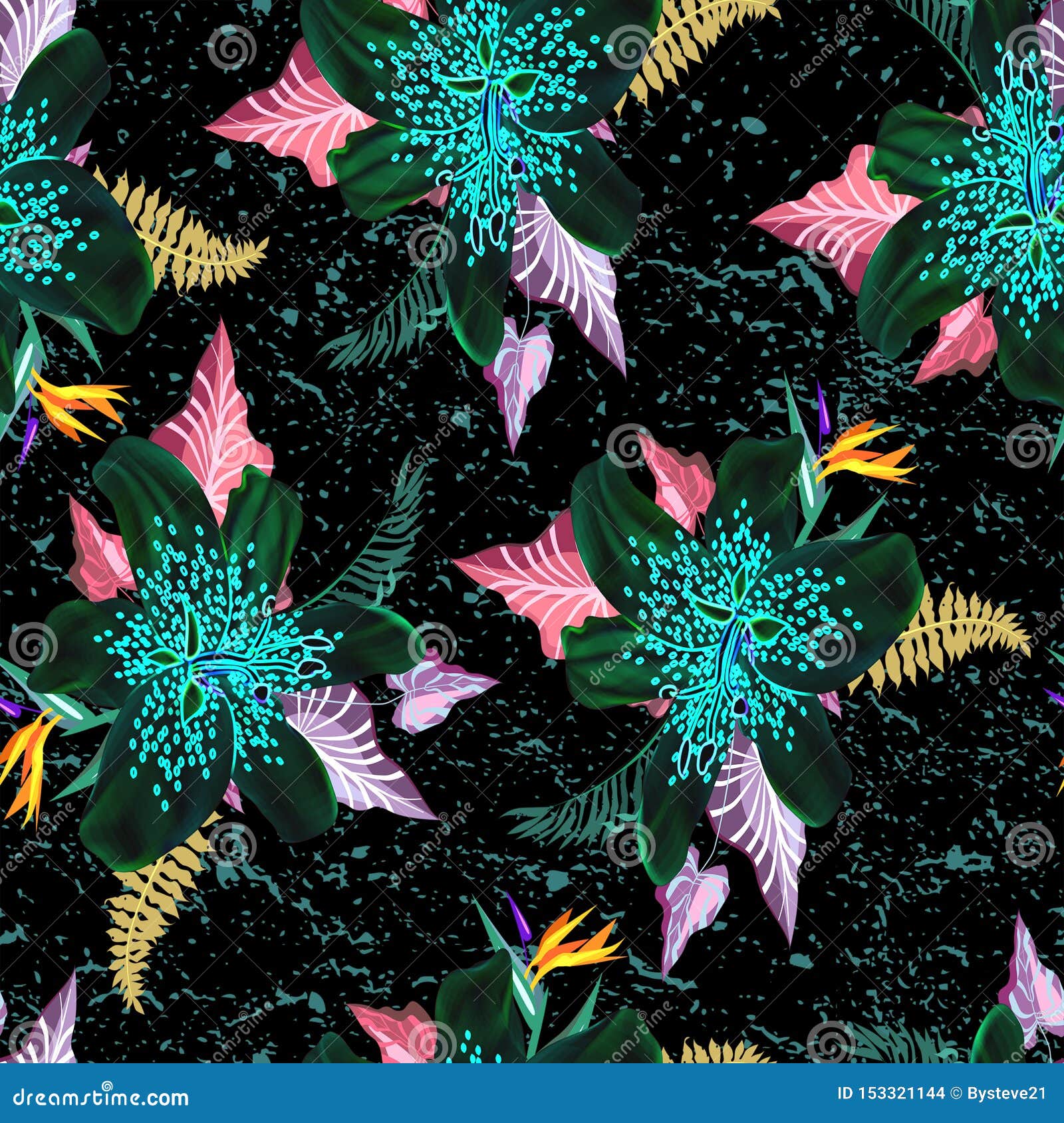 Beautiful Neon Flower with Leaf Seamless Pattern Stock Illustration ...