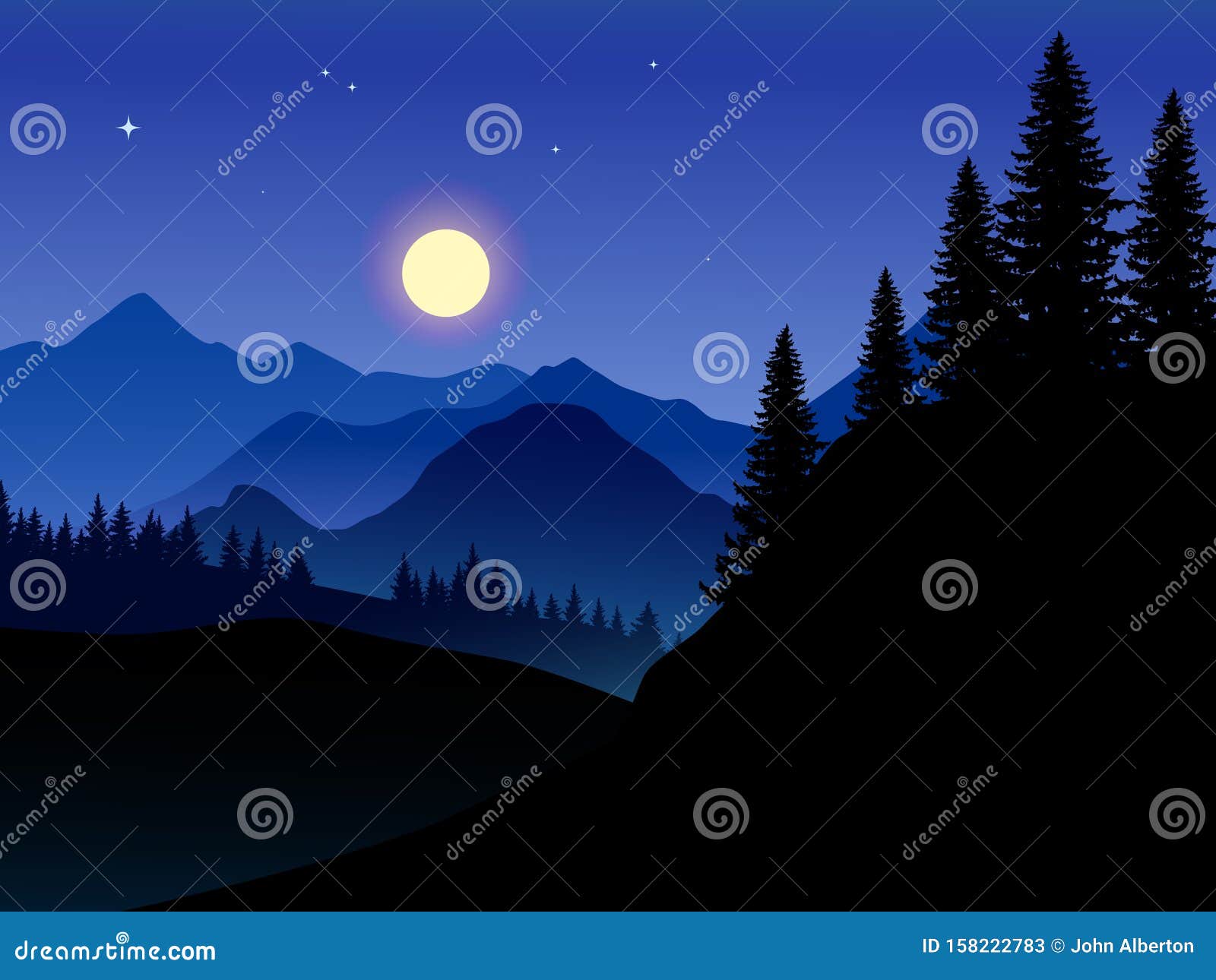 Bright Moonlight upon the Mountain Stock Illustration - Illustration of ...