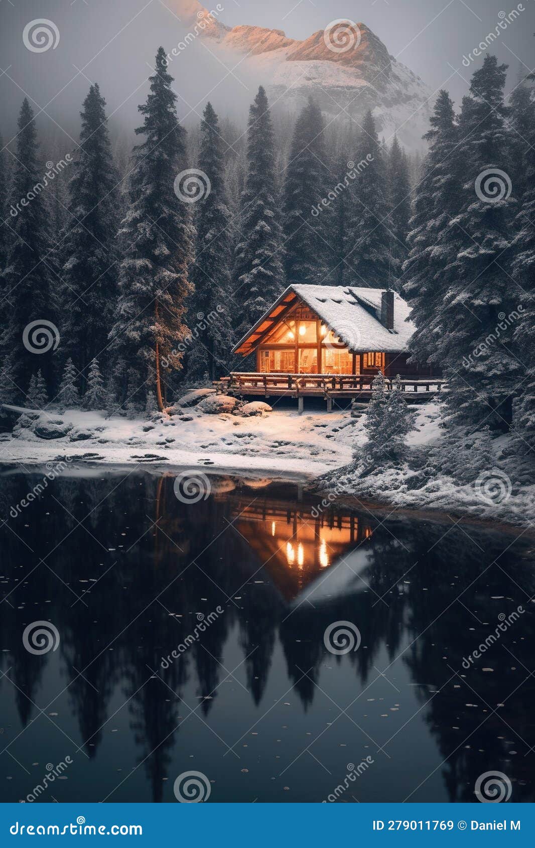 Beautiful Night Scene of Log Cabin by the Lakeside in Dense Winter ...