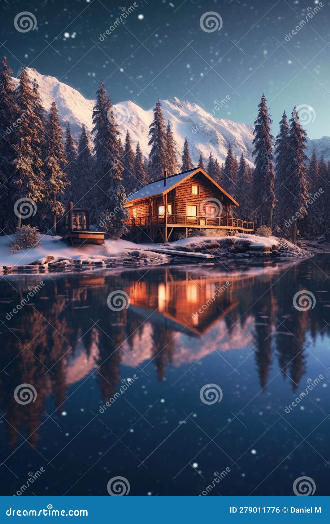 Beautiful Night Scene of Log Cabin by the Lakeside in Dense Winter ...