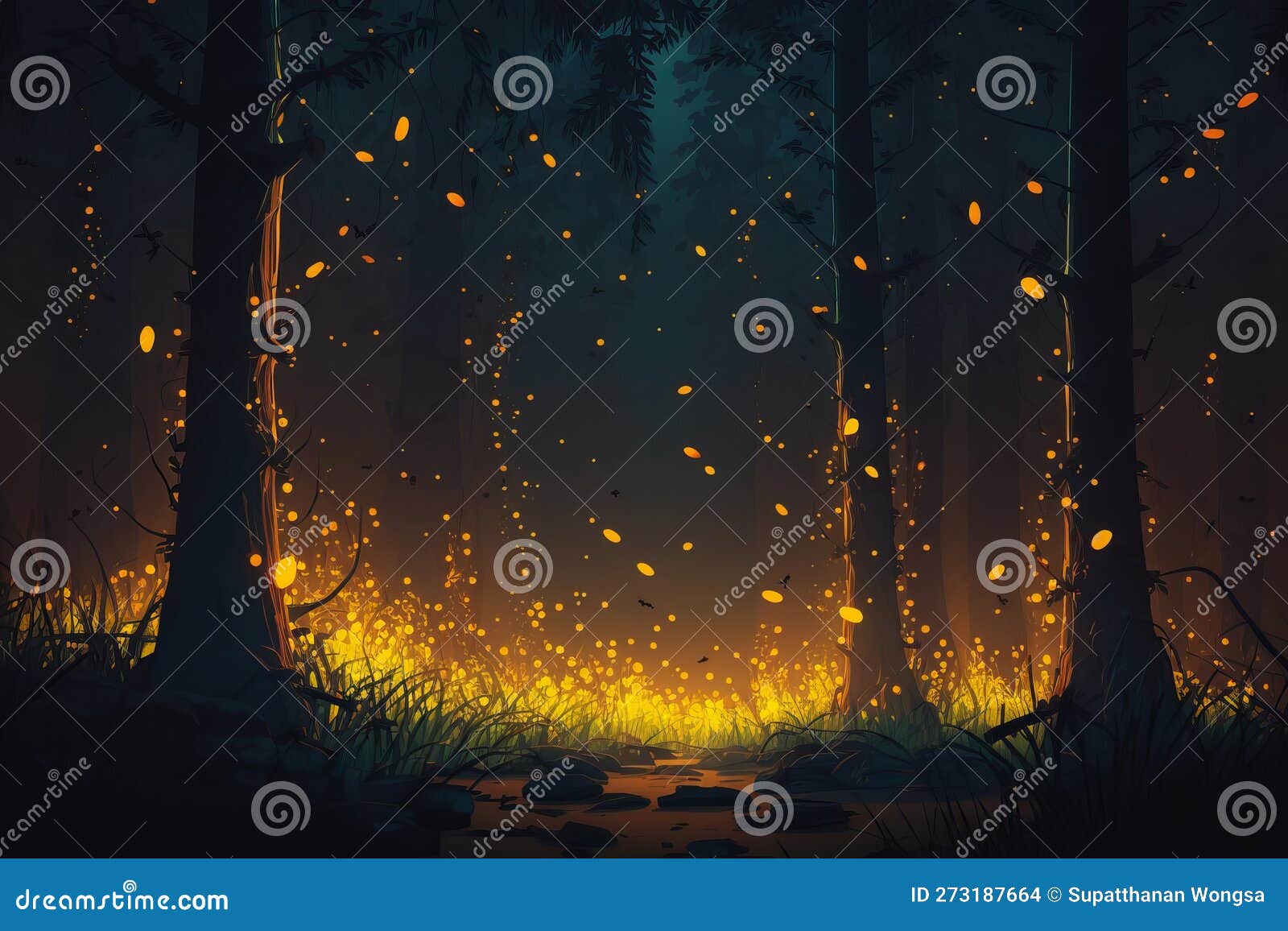Beautiful Night Scenery with Fireflies Stock Illustration ...