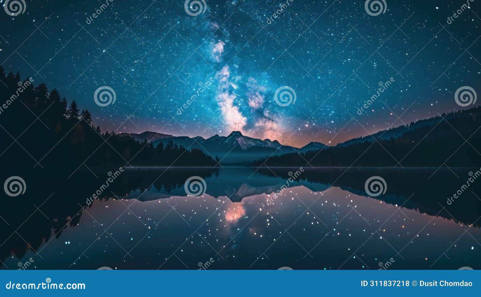 A Beautiful Night Sky with a Lake and Mountains in the Background Stock ...