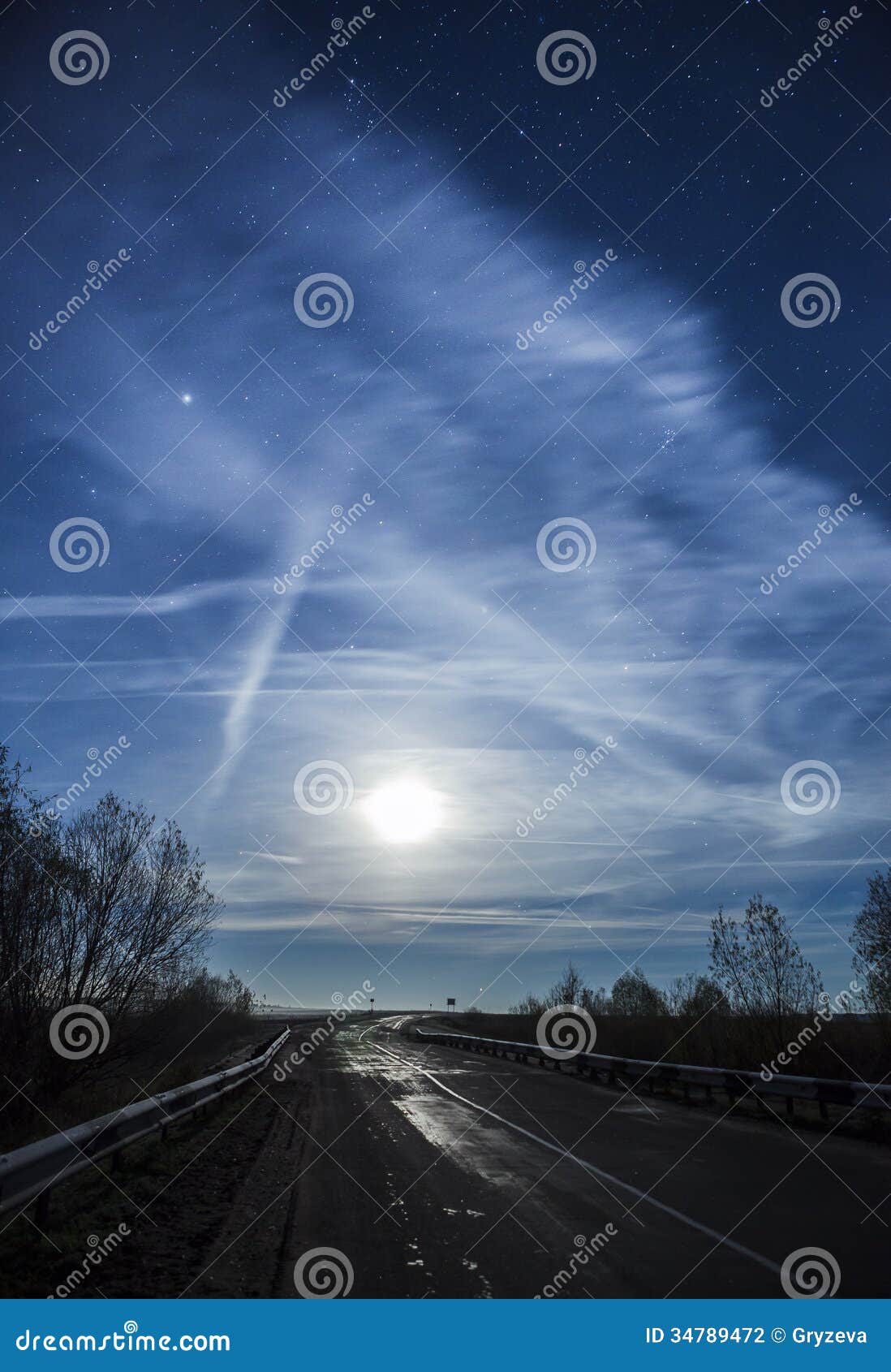 Beautiful Night Sky and the Moon Lit the Road Stock Photo - Image of ...