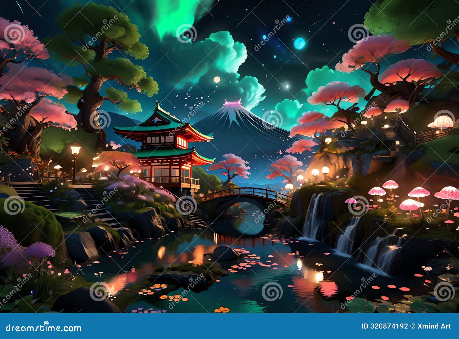 Beautiful Night View Fantasy Landscape with Glowing Light Stock ...