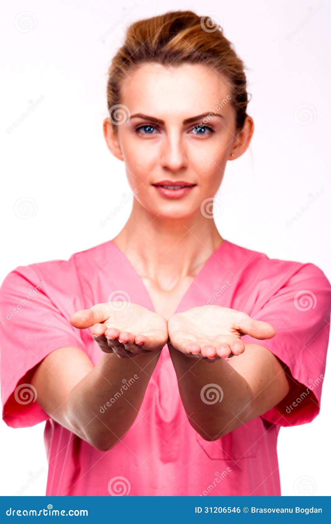 Beautiful Nurse Showing Giving Sign Stock Photo - Image of coat, medic ...