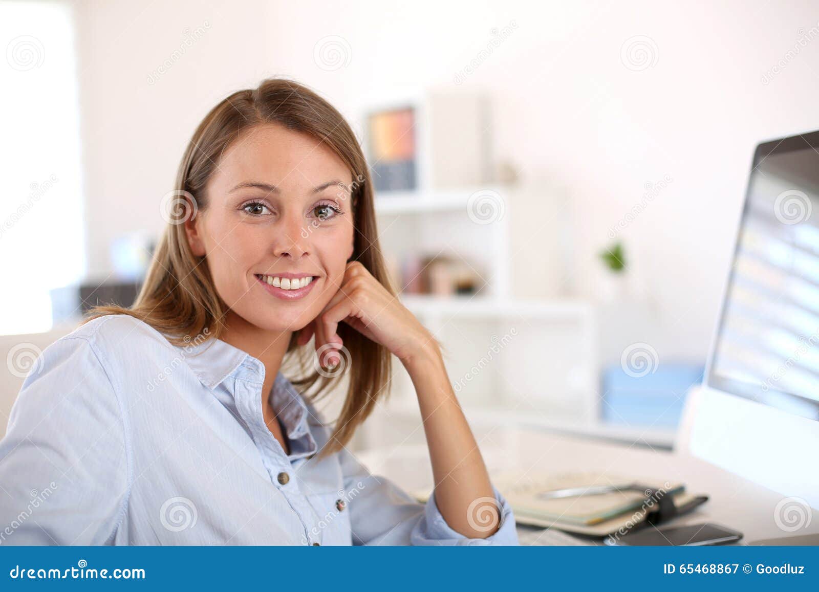 Beautiful Office Worker Sitting at Desk Stock Image - Image of ...