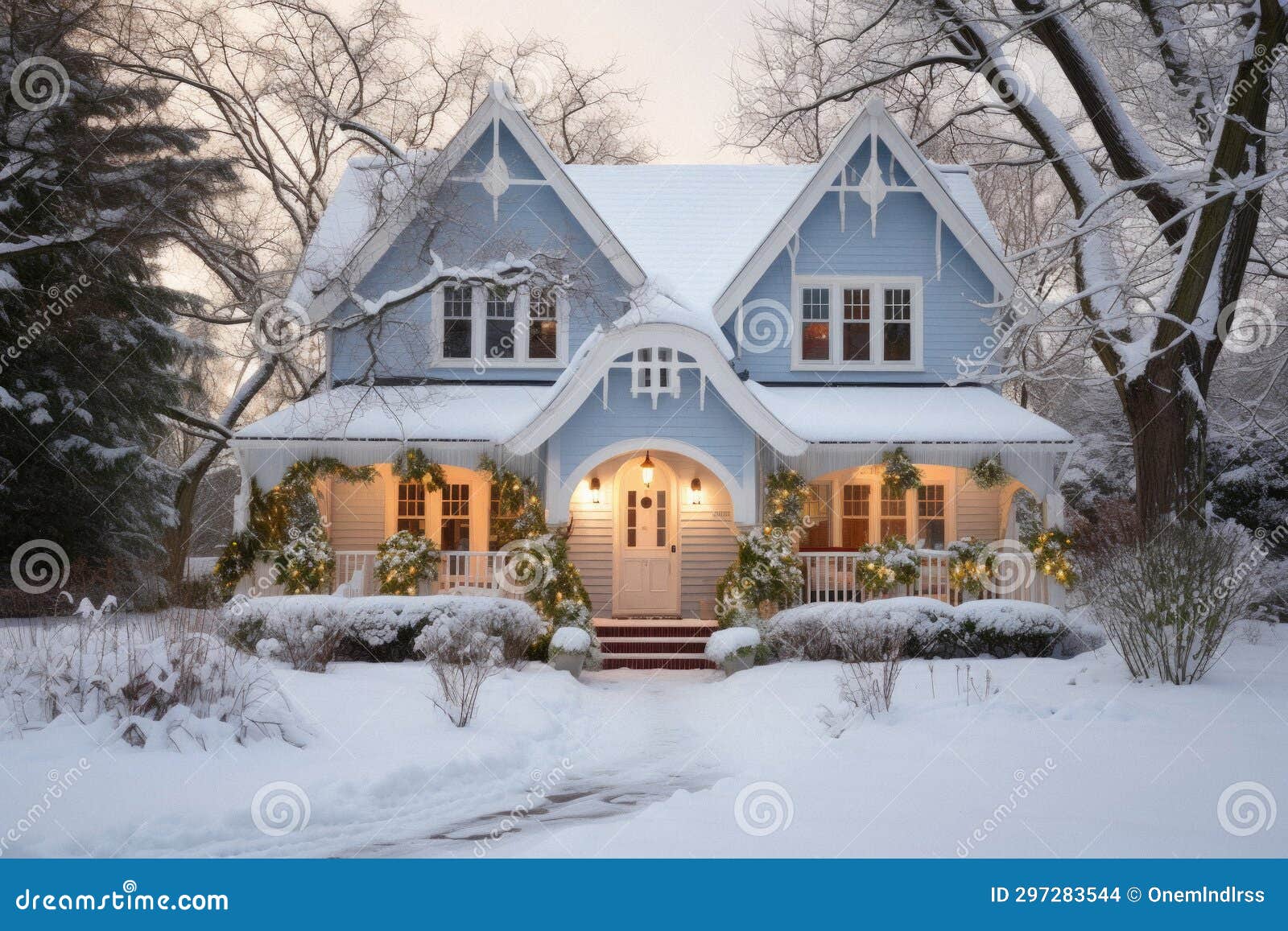 Beautiful Old House in Winter with Snow Covered Trees and Shrubs Stock ...