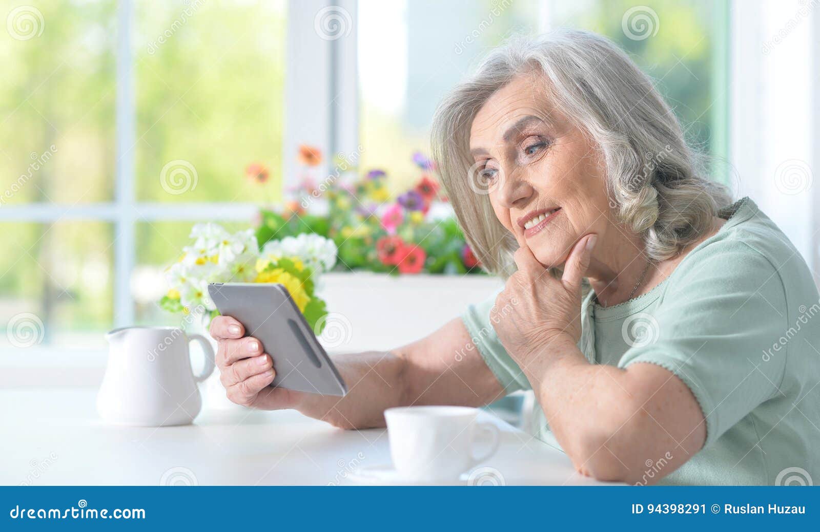 Beautiful Old Woman with a Tablet Stock Image - Image of pension ...