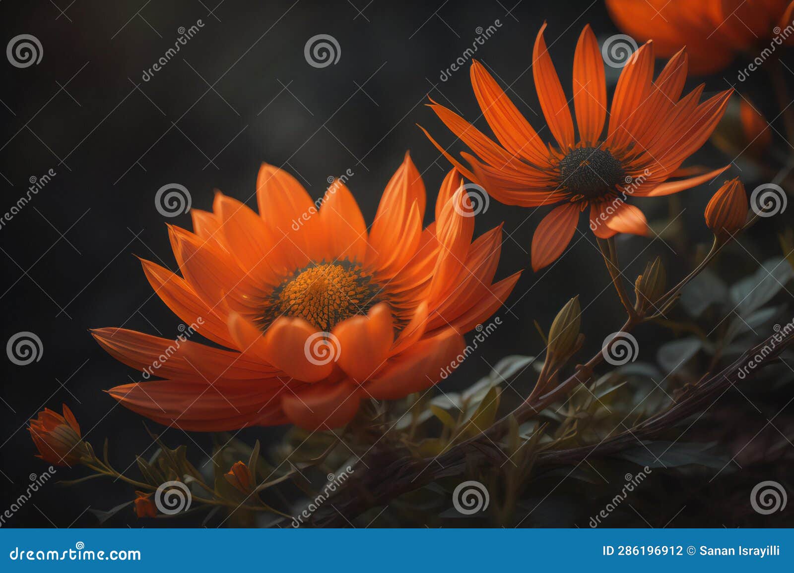 Beautiful Orange Daisies on a Dark Background. Toned Stock Illustration - Illustration of garden ...