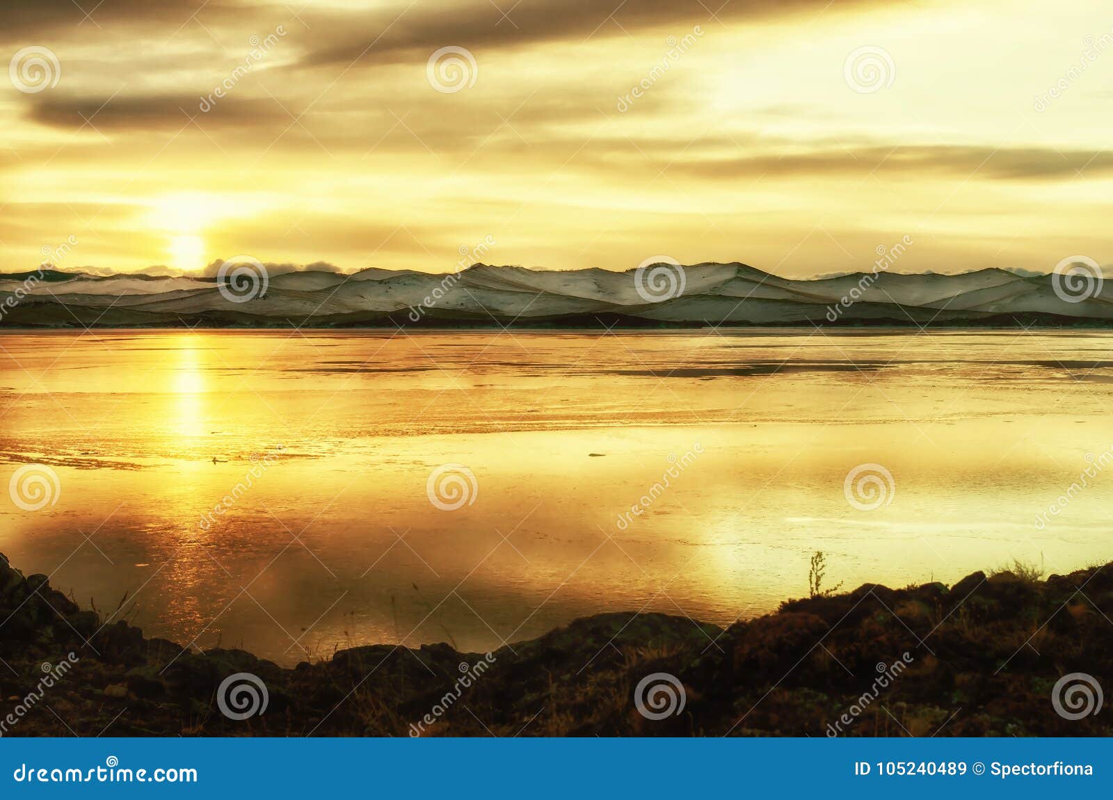 Beautiful Orange Sunset Over the Lake with Mountain Stock Image - Image ...
