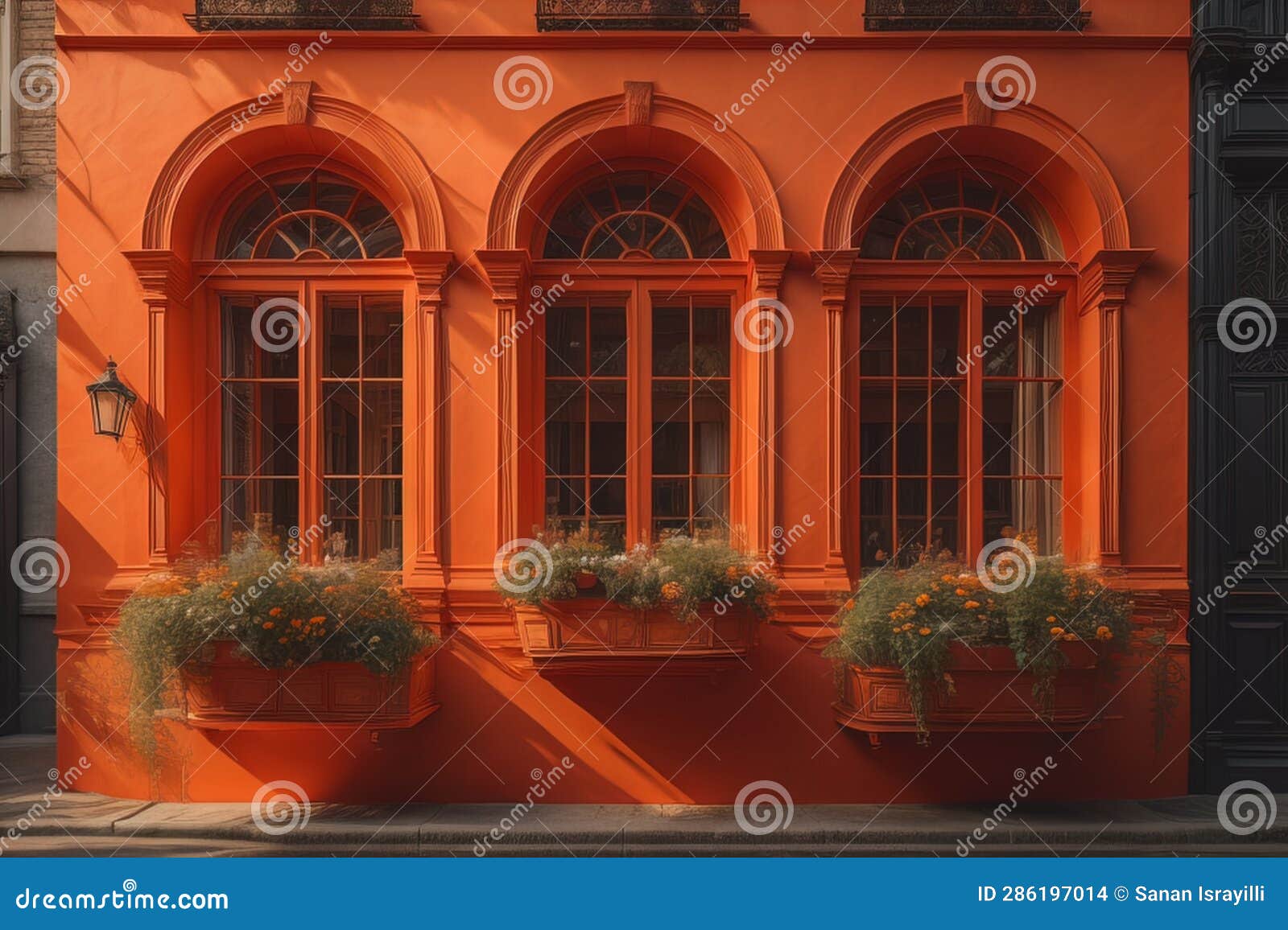 Beautiful Orange Windows with Flowers in Pots. Generative Ai Stock ...