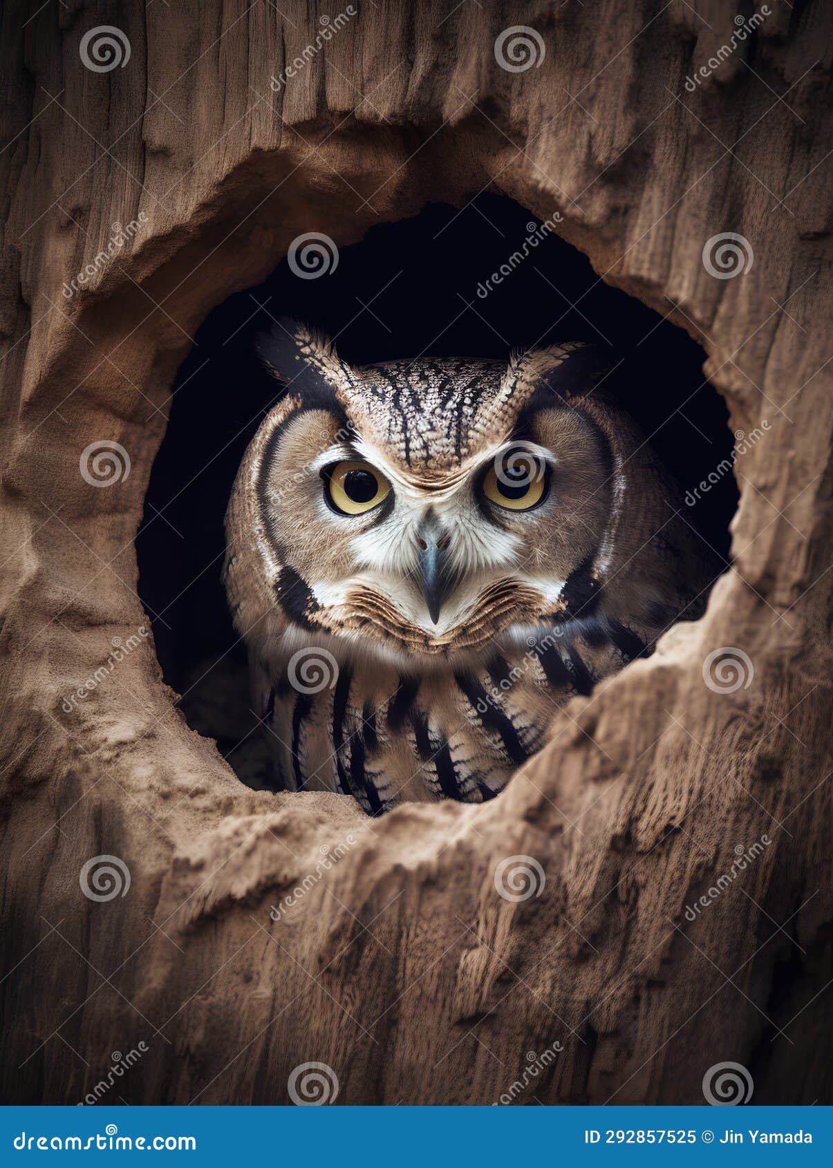 Beautiful Owl in a Hole on a Tree in the Forest. Stock Illustration ...