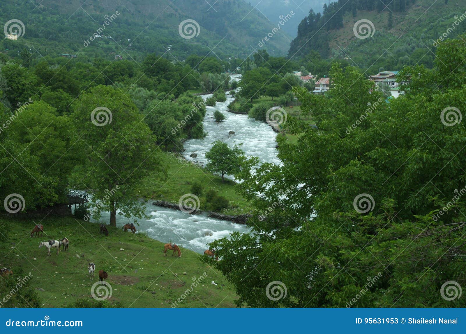 Beautiful Pahalgam Scene-5 stock image. Image of houses - 95631953