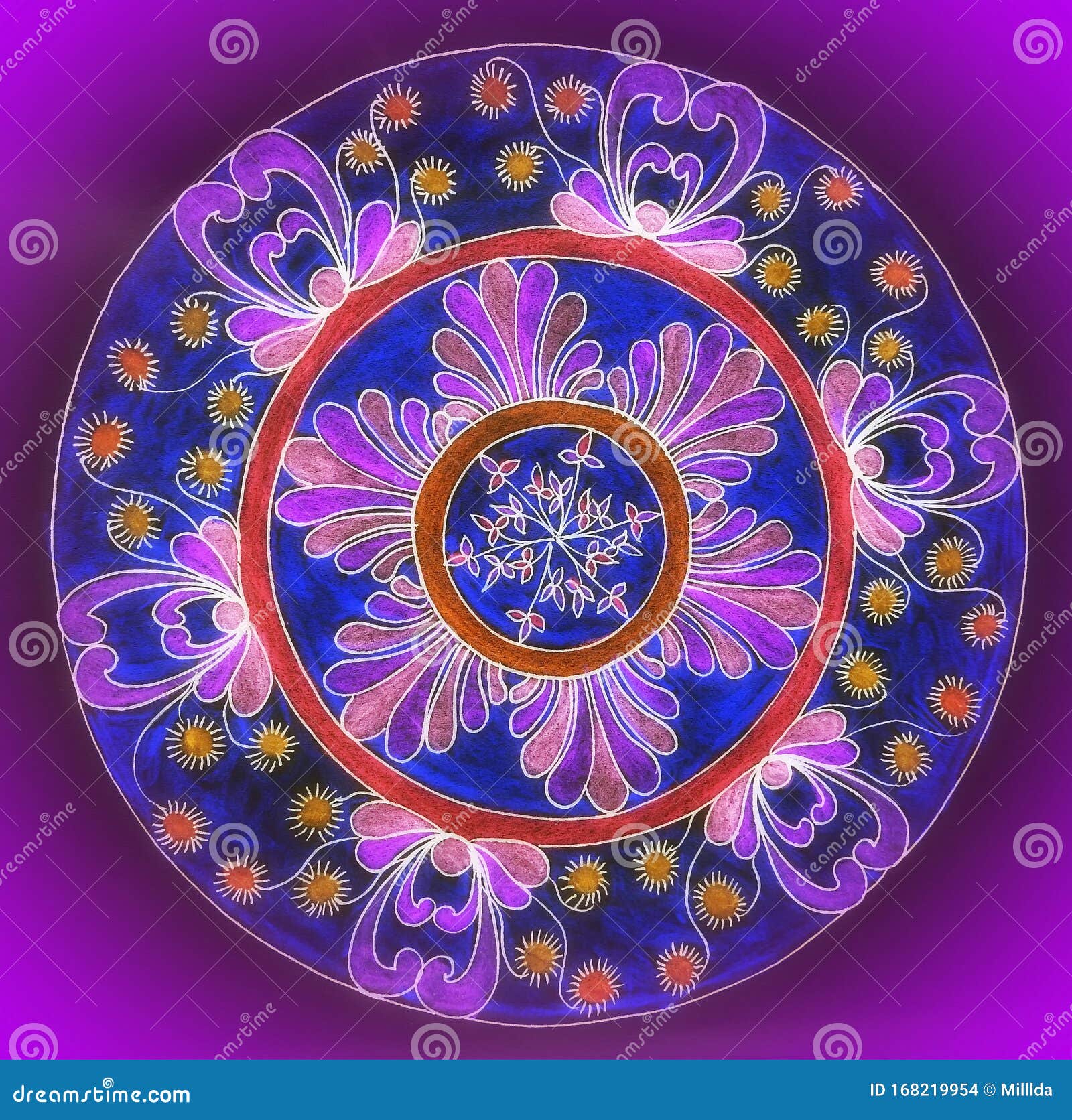 Beautiful Painted Mandala on Violet Background Stock Illustration ...