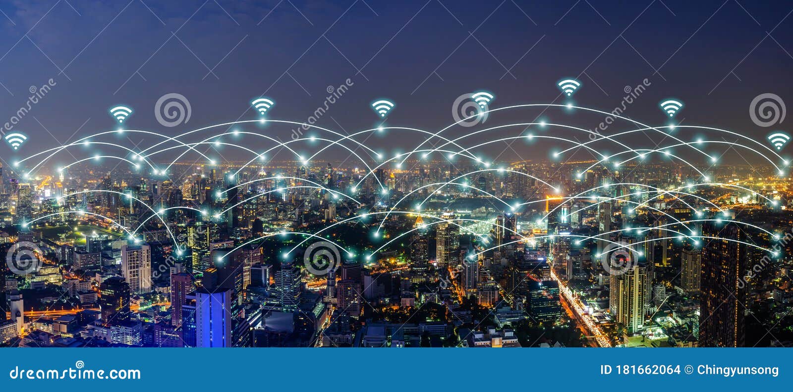 Beautiful Panorama Cityscape with Wifi Network and Connection ...