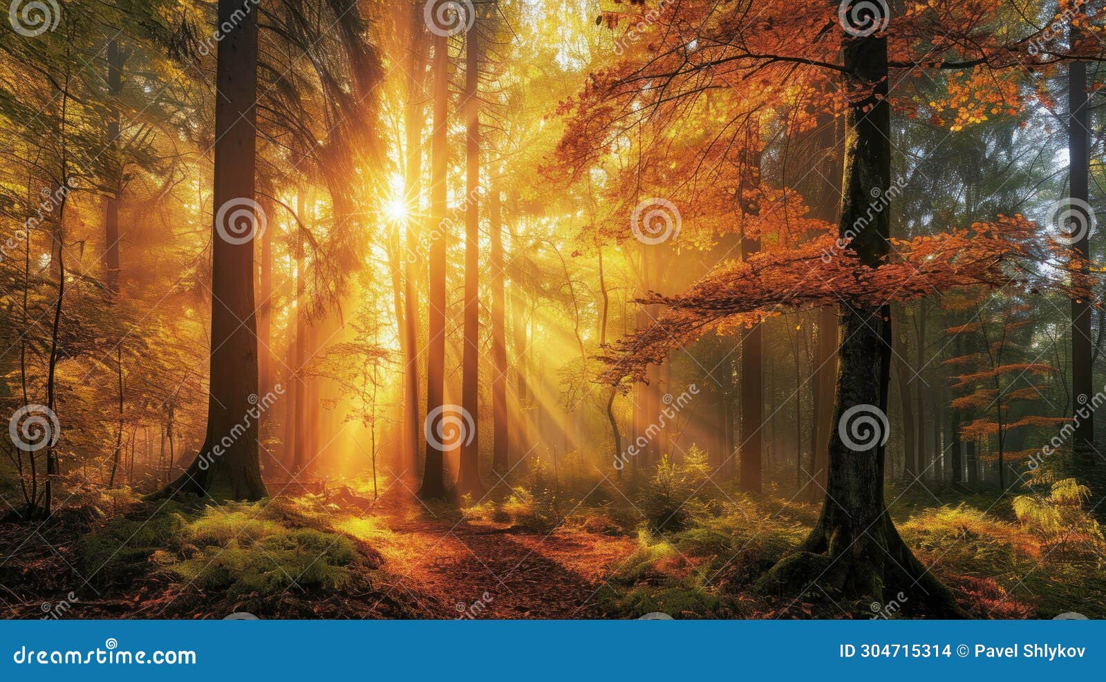 Beautiful Panorama Landscape with Sun and Forest at Sunrise. Sun Rays ...