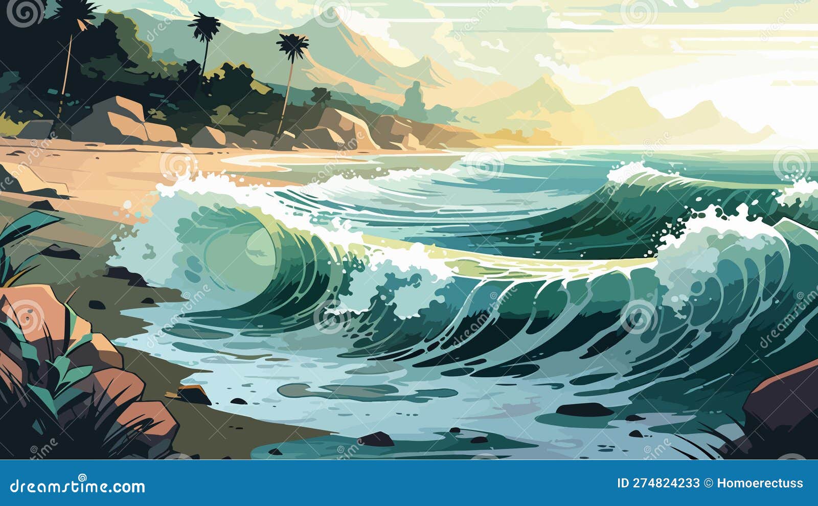 Panoramic Beach View. Vector Illustration Of Ocean Or Sea Waves. Hand ...