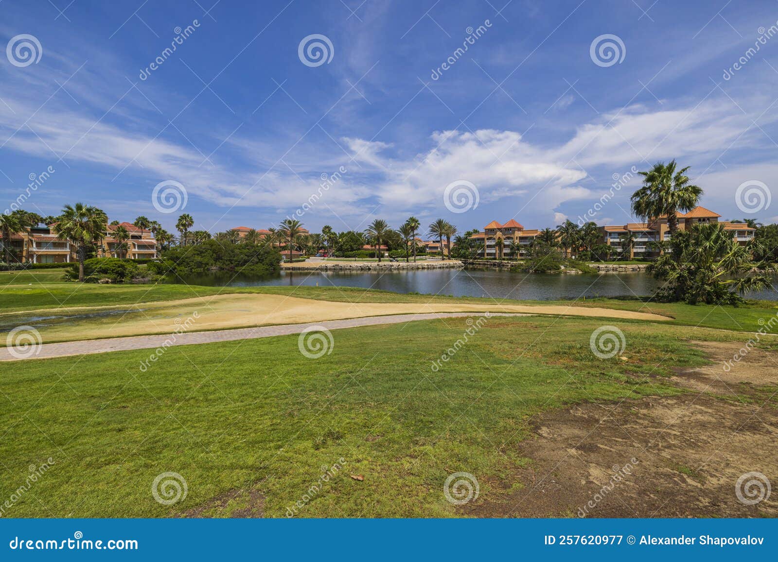 Beautiful Panoramic View of Hotel Grounds with Golf Course on Blue Sky ...