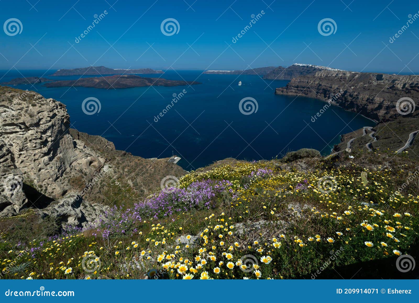 Beautiful Panoramic View of Santorini`s Caldera with Spring Flowers ...