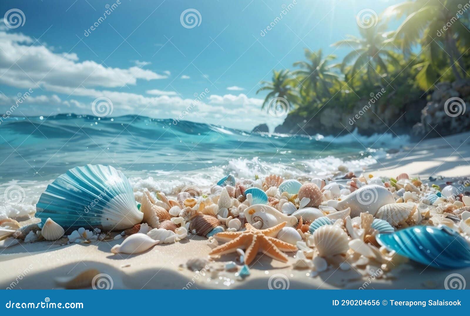 A Beautiful Paradise Beach Scene with Shells Stock Illustration ...