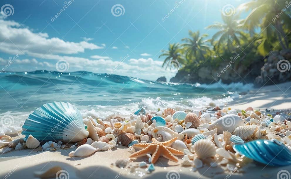 A Beautiful Paradise Beach Scene with Shells Stock Illustration ...