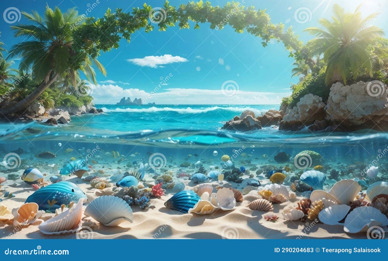 A Beautiful Paradise Beach Scene with Shells Stock Illustration ...