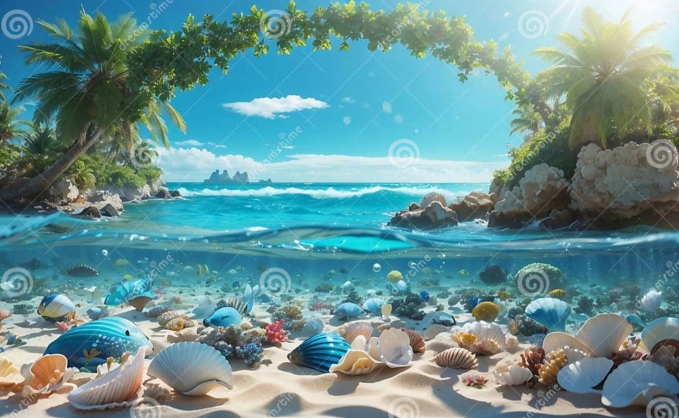 A Beautiful Paradise Beach Scene with Shells Stock Illustration ...