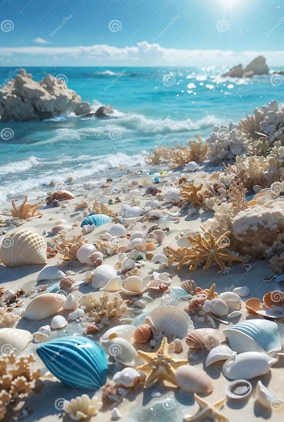 A Beautiful Paradise Beach Scene with Shells Stock Illustration ...