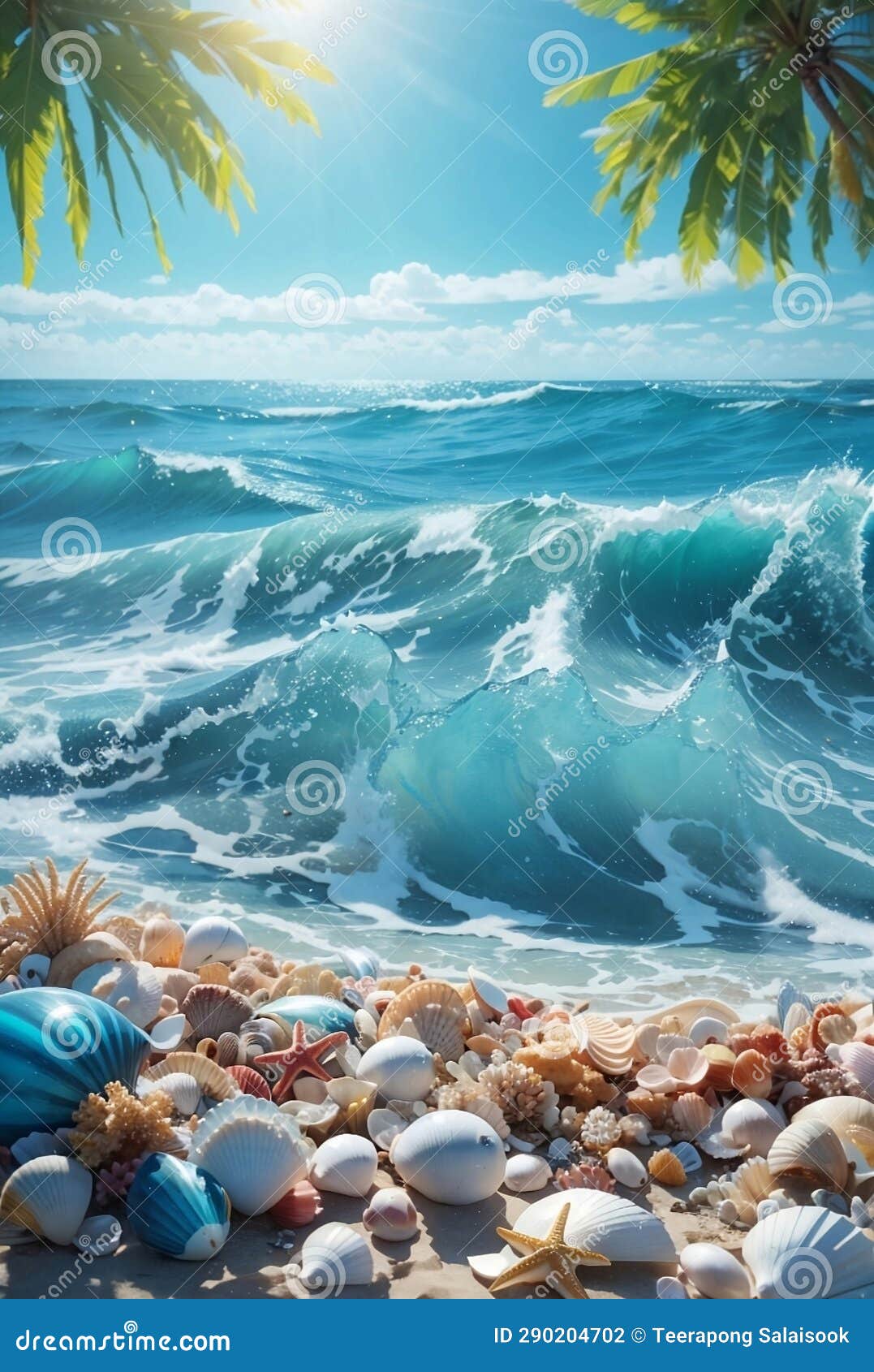 A Beautiful Paradise Beach Scene with Shells Stock Illustration ...