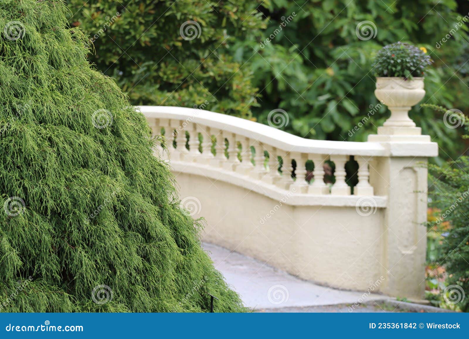 Beautiful Park with Baluster, Flowerpot and Fresh Green Dense Trees ...